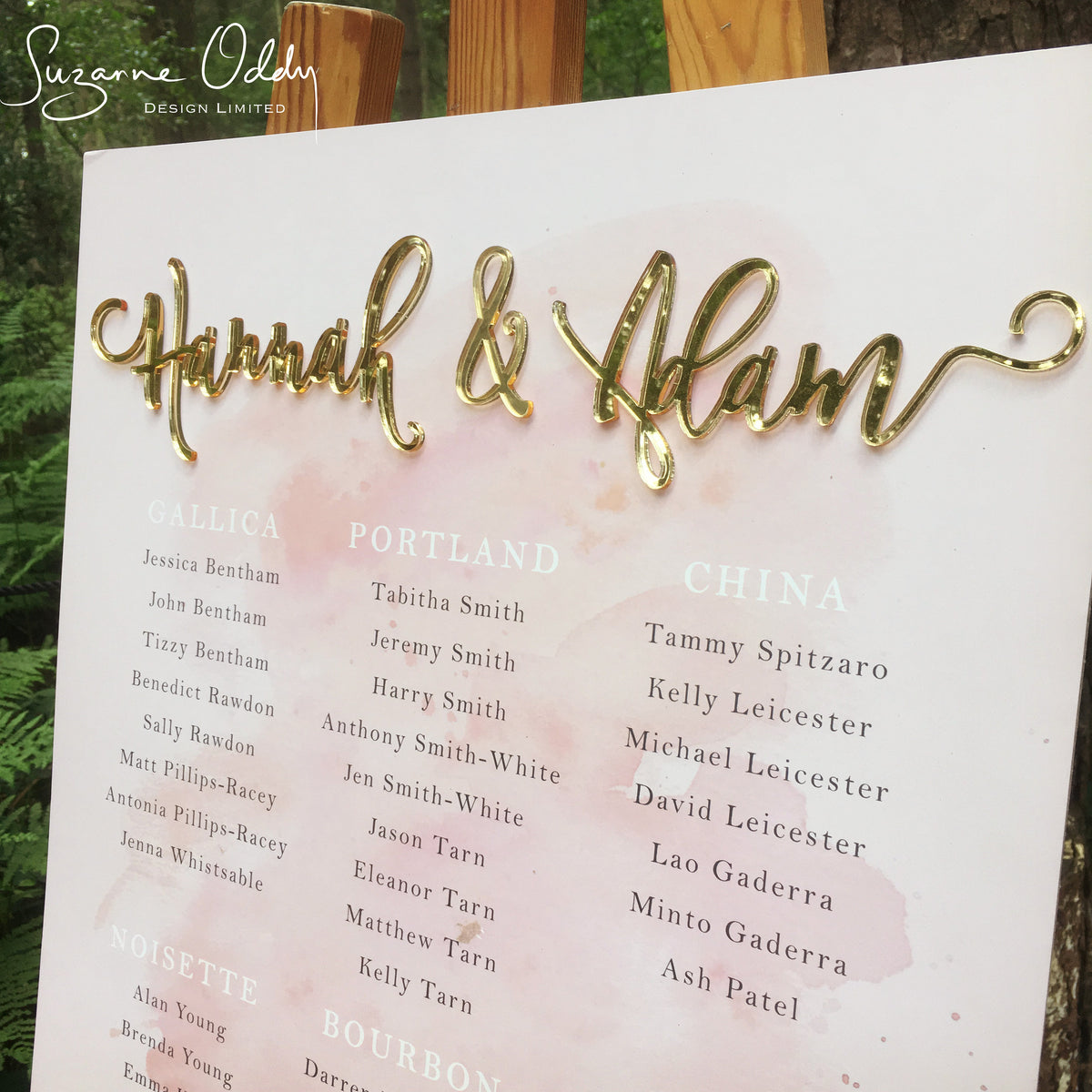 Blush pink gold finished seating plan – Suzanne Oddy Design